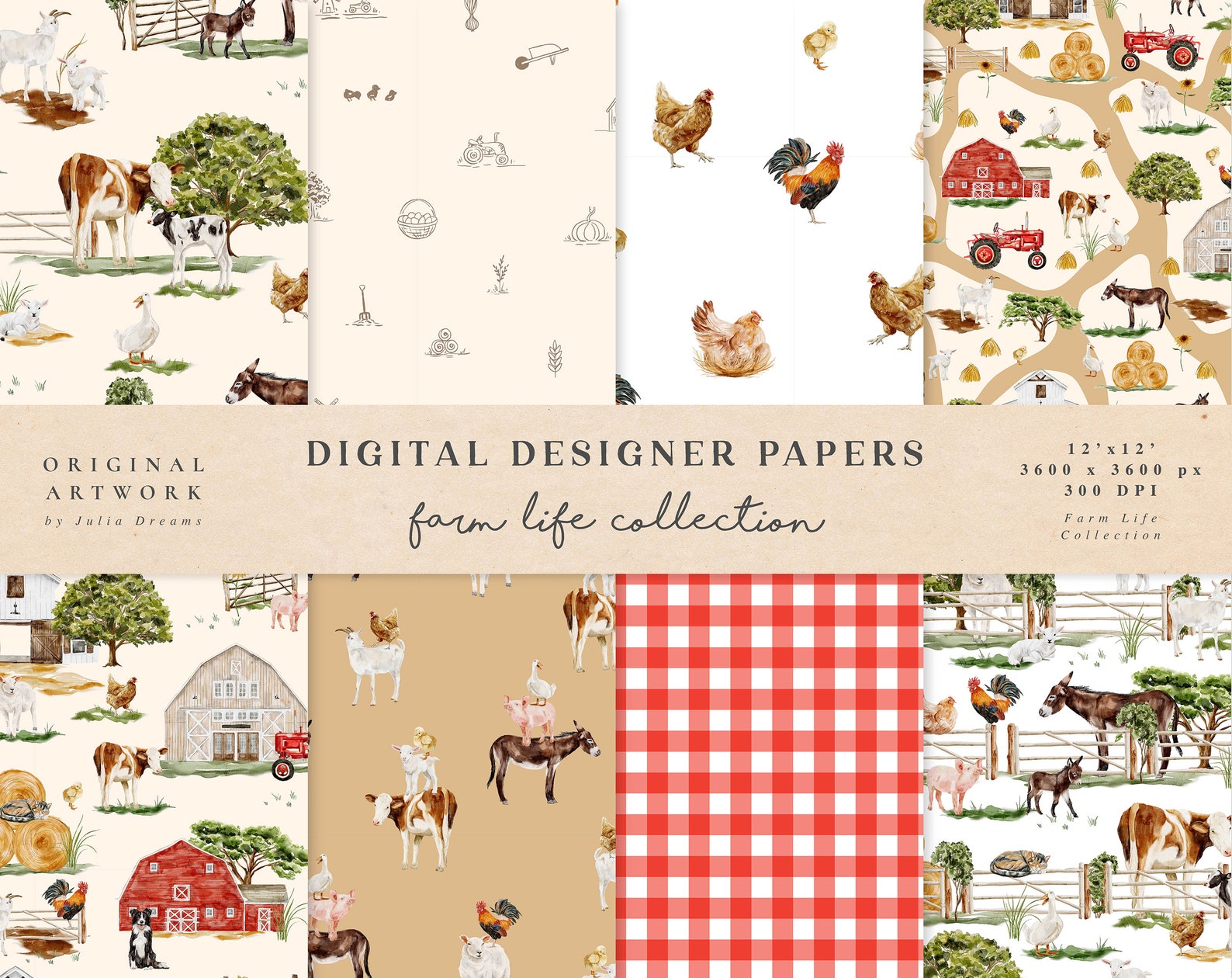 Farm Life Watercolor Digital Paper - Scrapbook Papers - Seamless ...