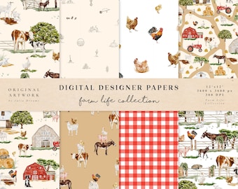 Farm Life Animals Digital Paper, Animals Seamless Pattern, Farm ...