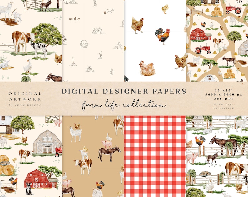 Farm Life Watercolor Digital Paper - Scrapbook Papers - Seamless ...