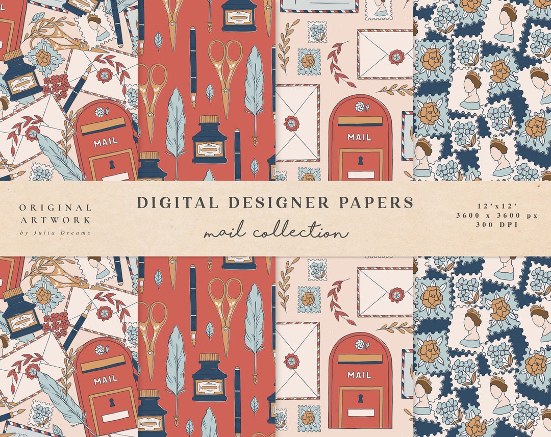 Mail Digital Paper Set - Scrapbook Paper - Seamless Patterns - Digital ...