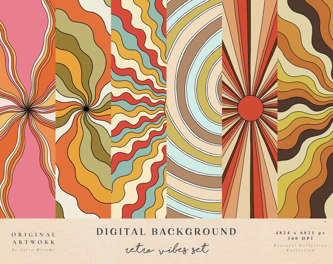 Retro Vibes Digital Background Set - 70's Clipart - Retro Hippie Art ...