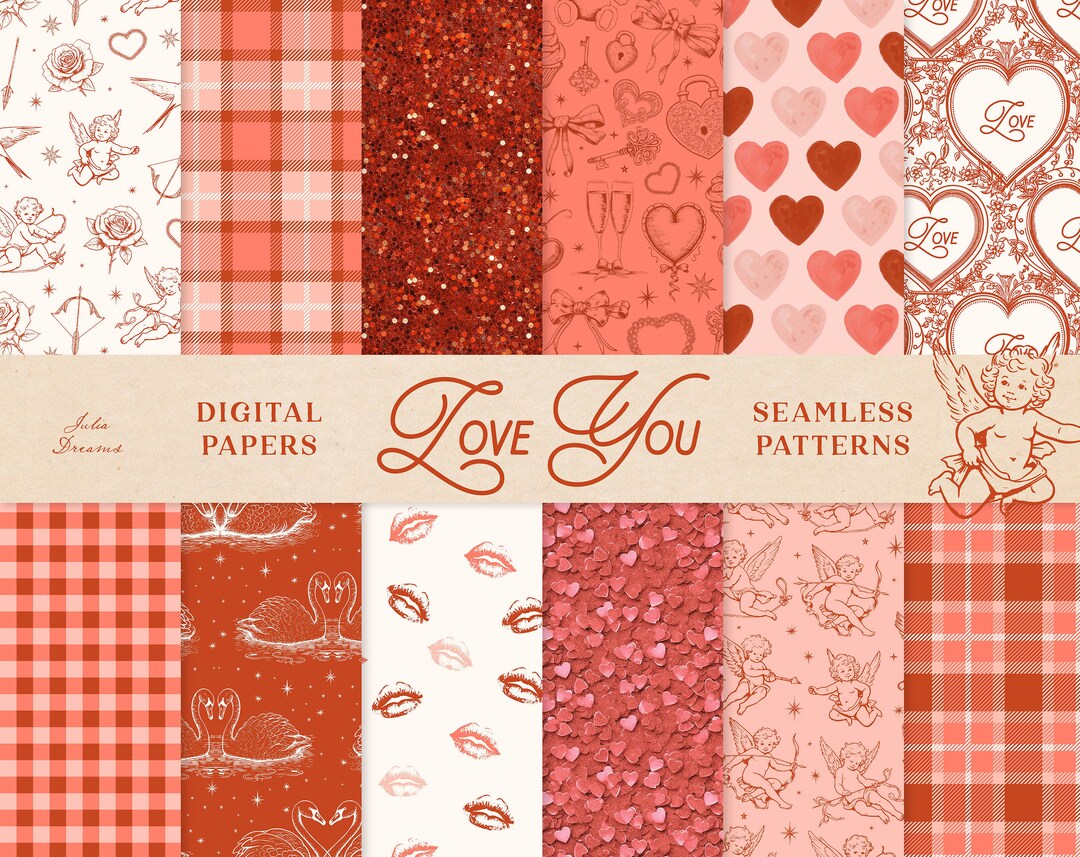 Love You Valentines Day Digital Papers - Scrapbook Papers - Seamless ...