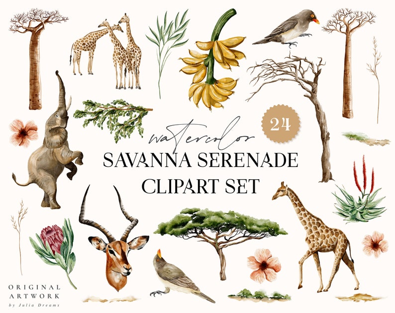 Watercolor Safari Digital Clipart Set - Savanna Serenade - Wedding ...