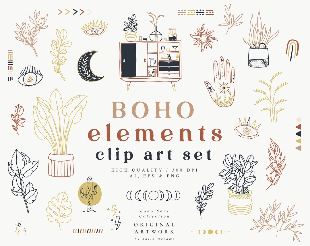 Boho Elements Clipart - Line Art Clipart - Wedding Invitation - Floral ...