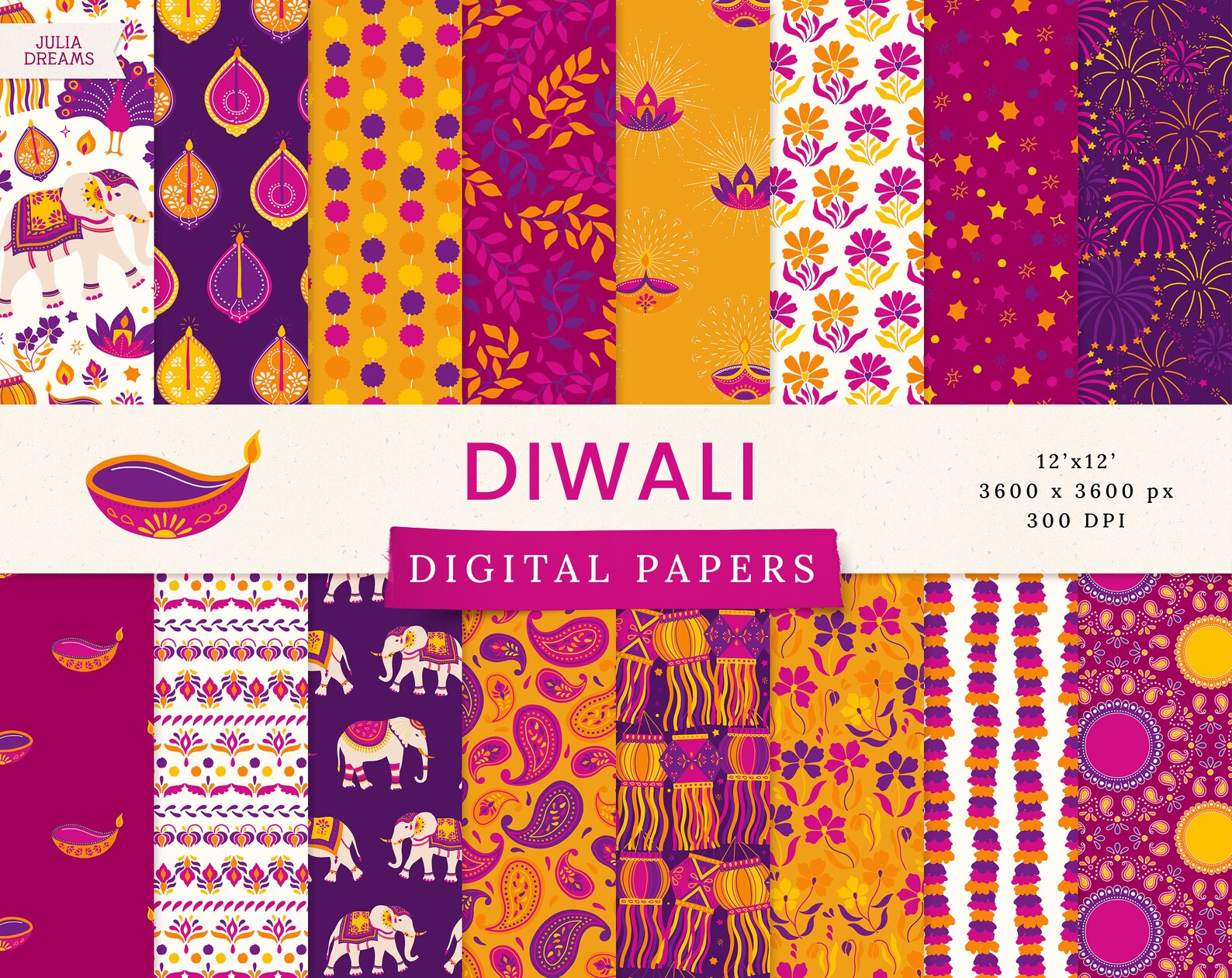 Diwali Digital Papers - Commercial Use - Scrapbook Paper - Seamless ...