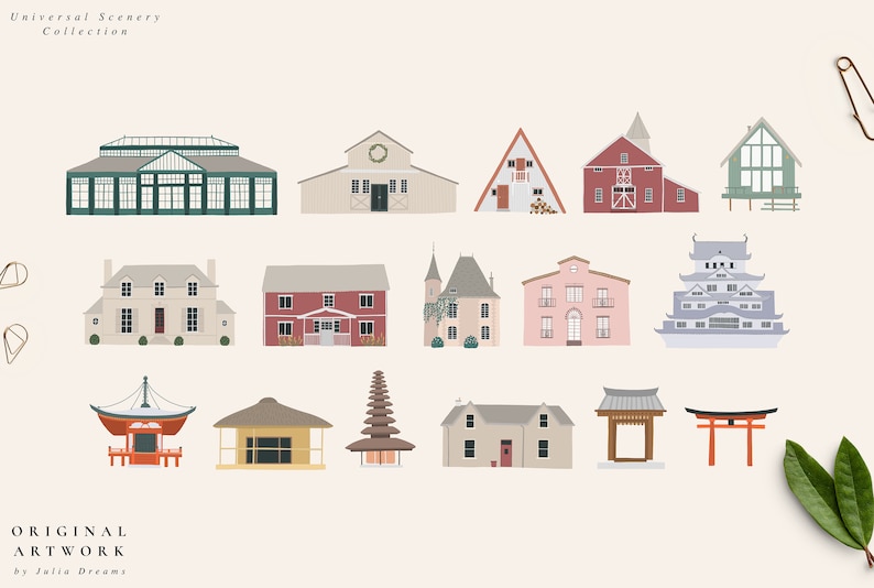 Buildings Clipart Set - Hand Drawn Country House - Digital PNG Vector ...