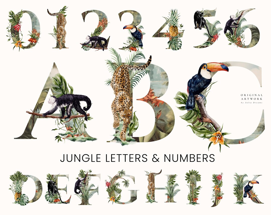Watercolor Jungle Alphabet Letters Numbers - Tropical Animals Tropic ...