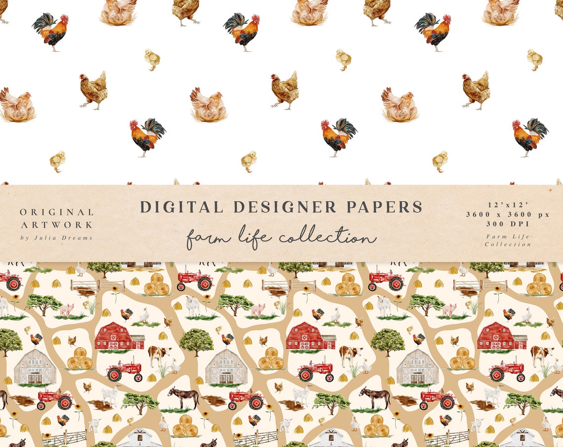 Farm Life Watercolor Digital Paper - Scrapbook Papers - Seamless ...