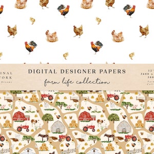 Farm Life Watercolor Digital Paper - Scrapbook Papers - Seamless ...