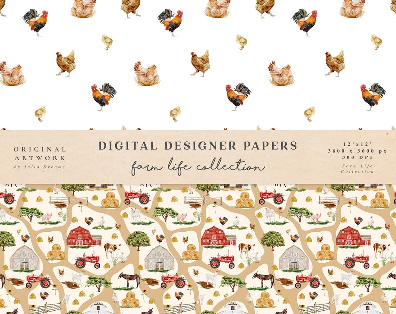 Farm Life Watercolor Digital Paper - Scrapbook Papers - Seamless ...