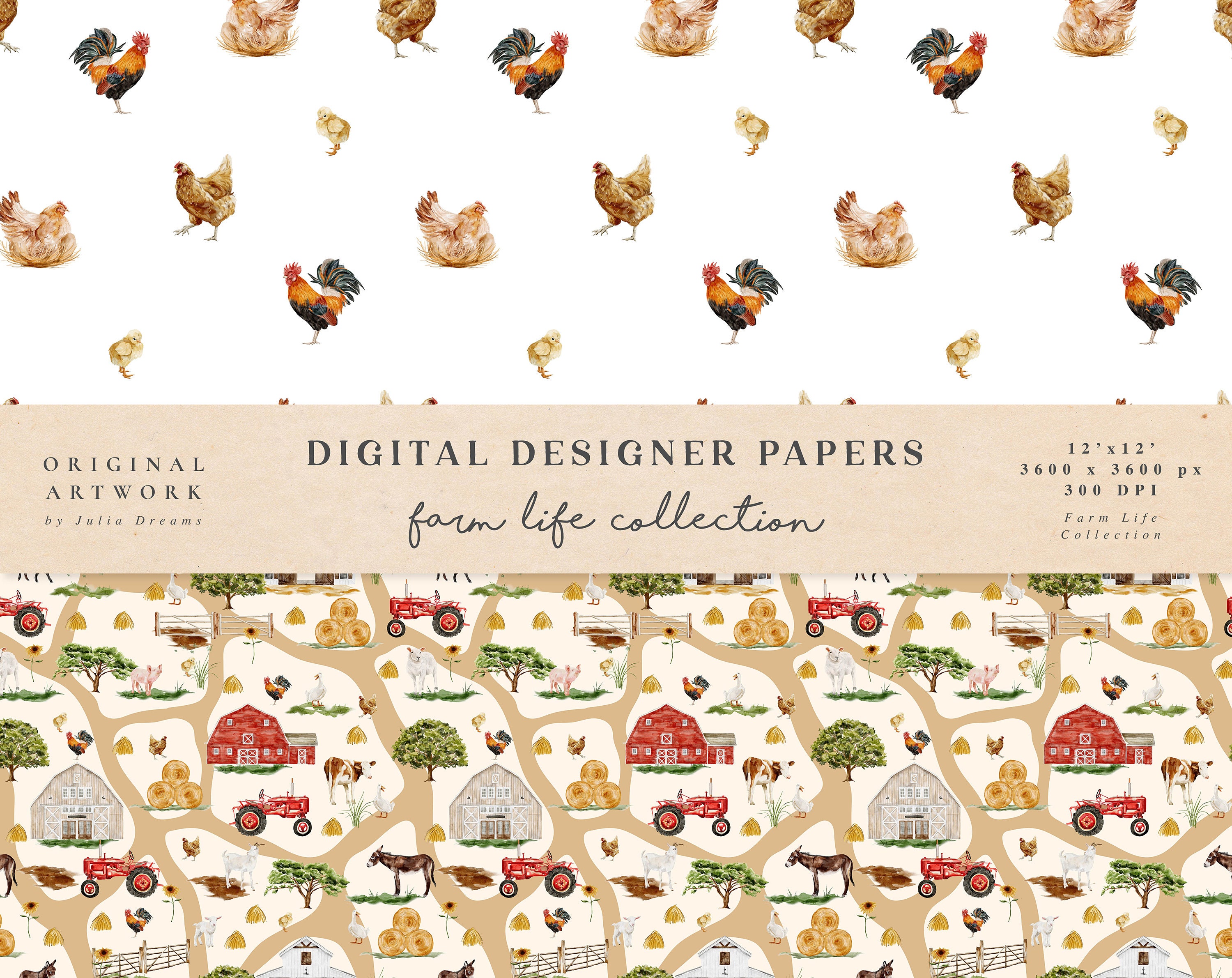 Farm Life Watercolor Digital Paper - Scrapbook Papers - Seamless ...