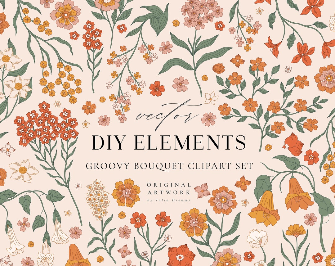 Groovy Bouquet Flowers Clipart Boho - Botanical Flower Clip Art ...