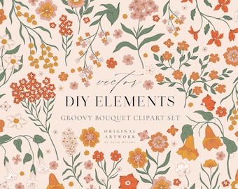 Flowers Clipart Groovy Boho Botanical Flower Clip Art Vector Flower ...