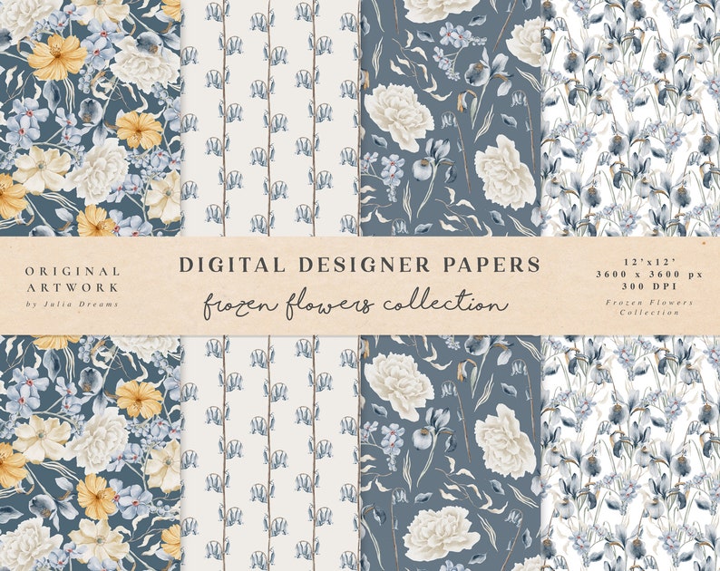 Frozen Flowers Digital Paper - Watercolor Scrapbook Papers - Seamless ...