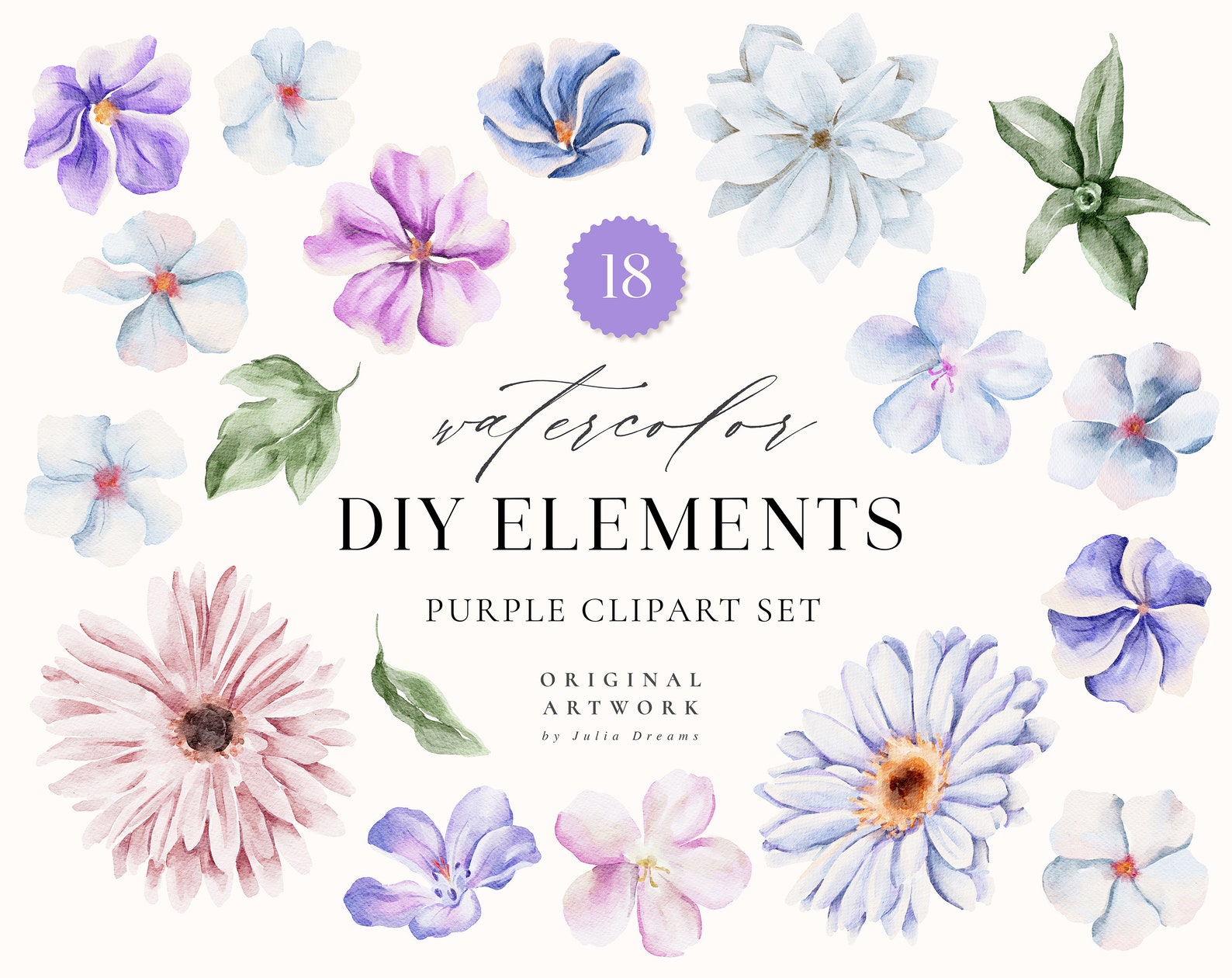 Purple Watercolor Clipart Set - Spring Flowers - Floral DIY - Modern ...