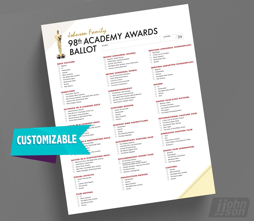 Custom Oscars 2026 Ballot / Checklist / Party Game (digital PDF ...