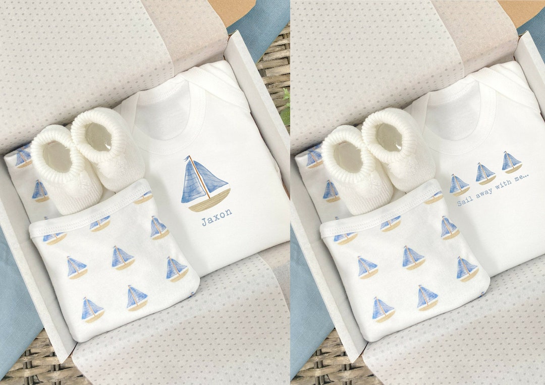 Personalised New Baby Boy Boats Gift Hamper Set Baby Booties Vest ...