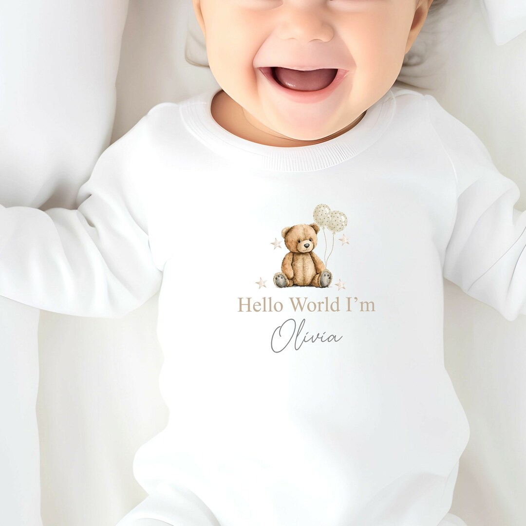 Personalised Hello World Beige Teddy Baby Outfit babygrow Sleepsuit ...