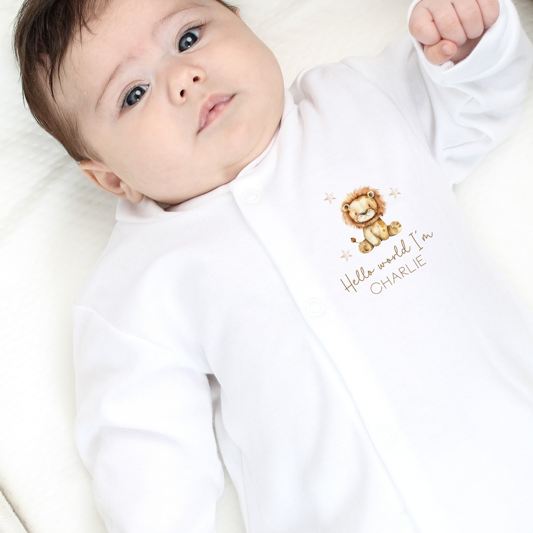 Hello World Little Lion Popper Front Babygrow Personalised | Unisex ...