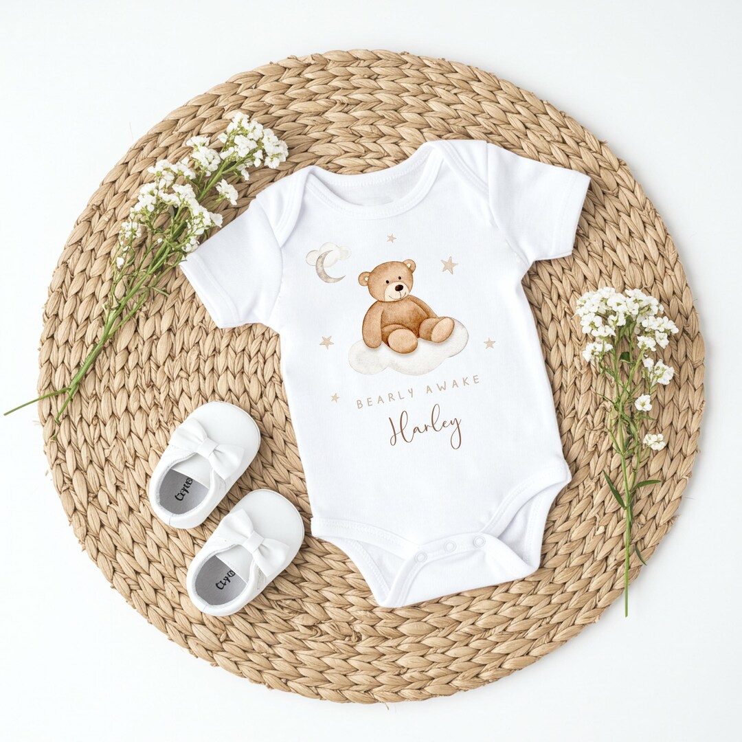Barely Wake Teddy Bear Baby Clothing Personalised (babygrow Sleepsuit ...