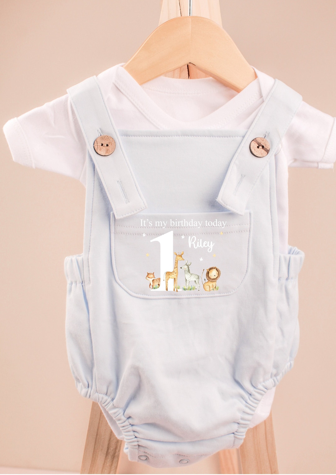 Personalised First Birthday Safari Blue Dungarees | I Am One Today ...