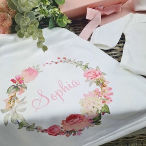 Rose Floral Pink Wreath Personalised New Baby Girl Clothing Gift Set ...