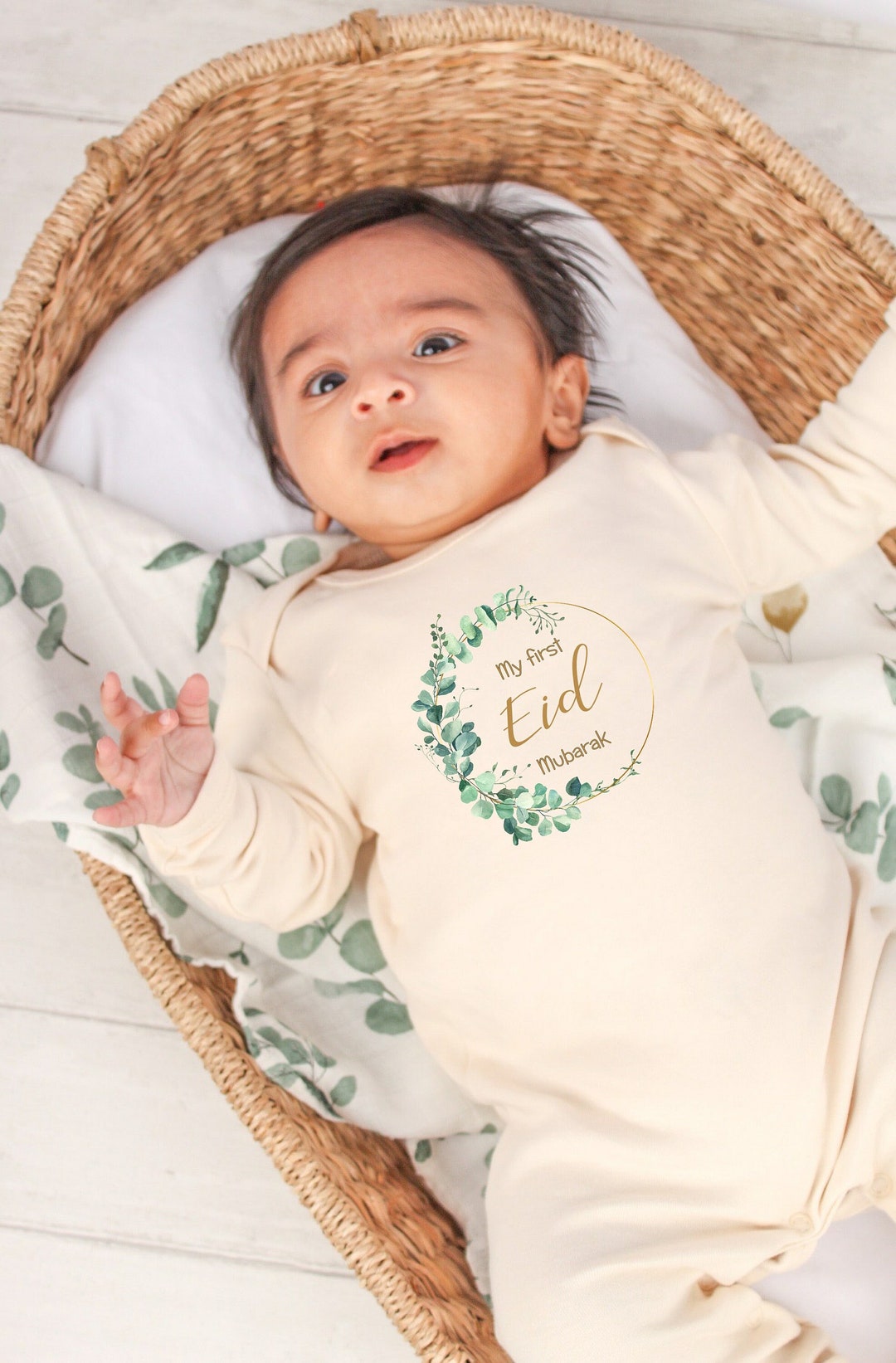 Personalised My First Eid Mubarak/ramadan Green Gold Wreath Babygrow L ...