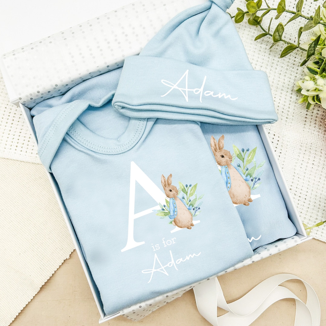 Blue Rabbit Initial New Baby Boy Personalised Clothing Hamper Gift Set ...
