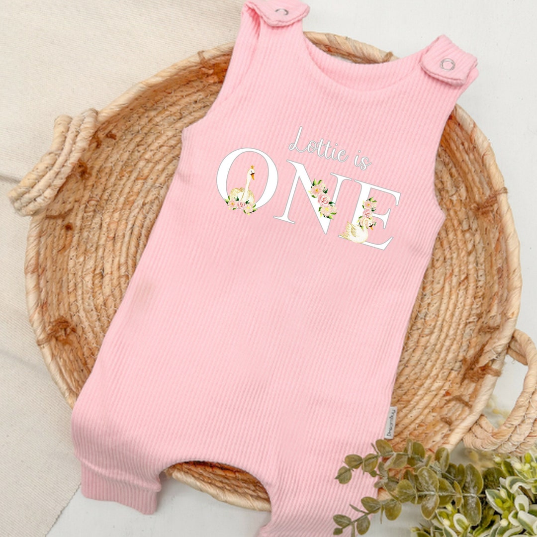 Personalised First Birthday Floral ONE Swan Pink Dungarees | I Am One ...