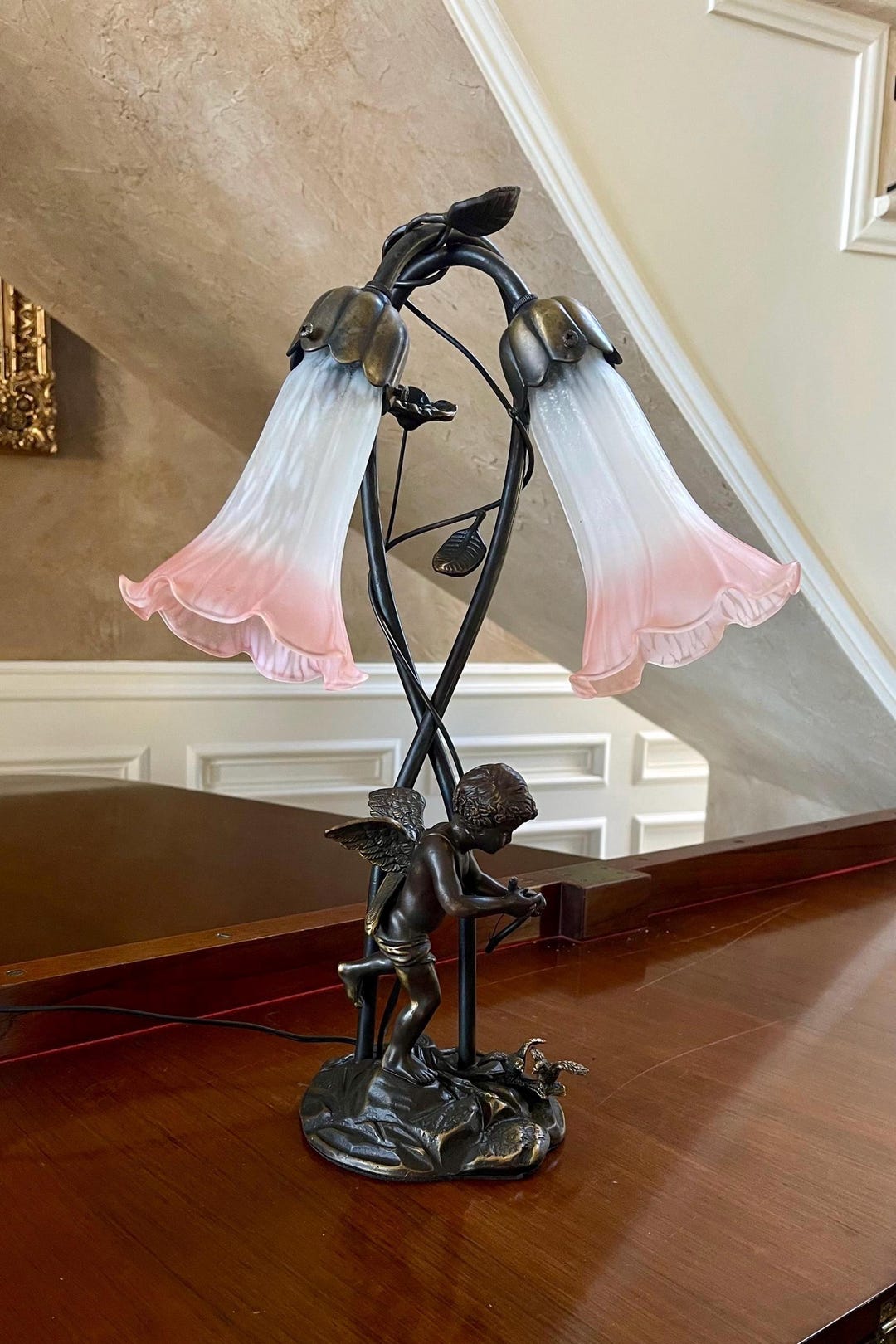 Bronze Sculpture Cupid Lamp With Two Art Glass Shades - Etsy