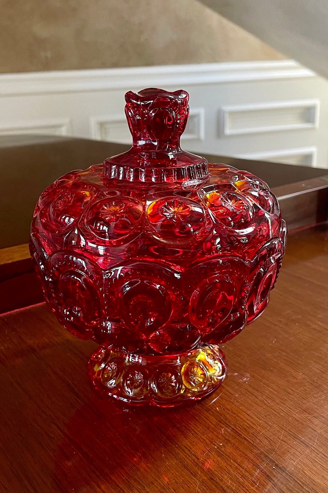 Vintage Amberina Glass Moon and Stars Covered Candy Dish L E Smith MCM ...