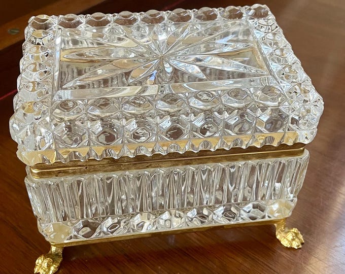 Large Crystal Jewelry Box With Brass Claw Feet; Vintage Jewelry Box ...