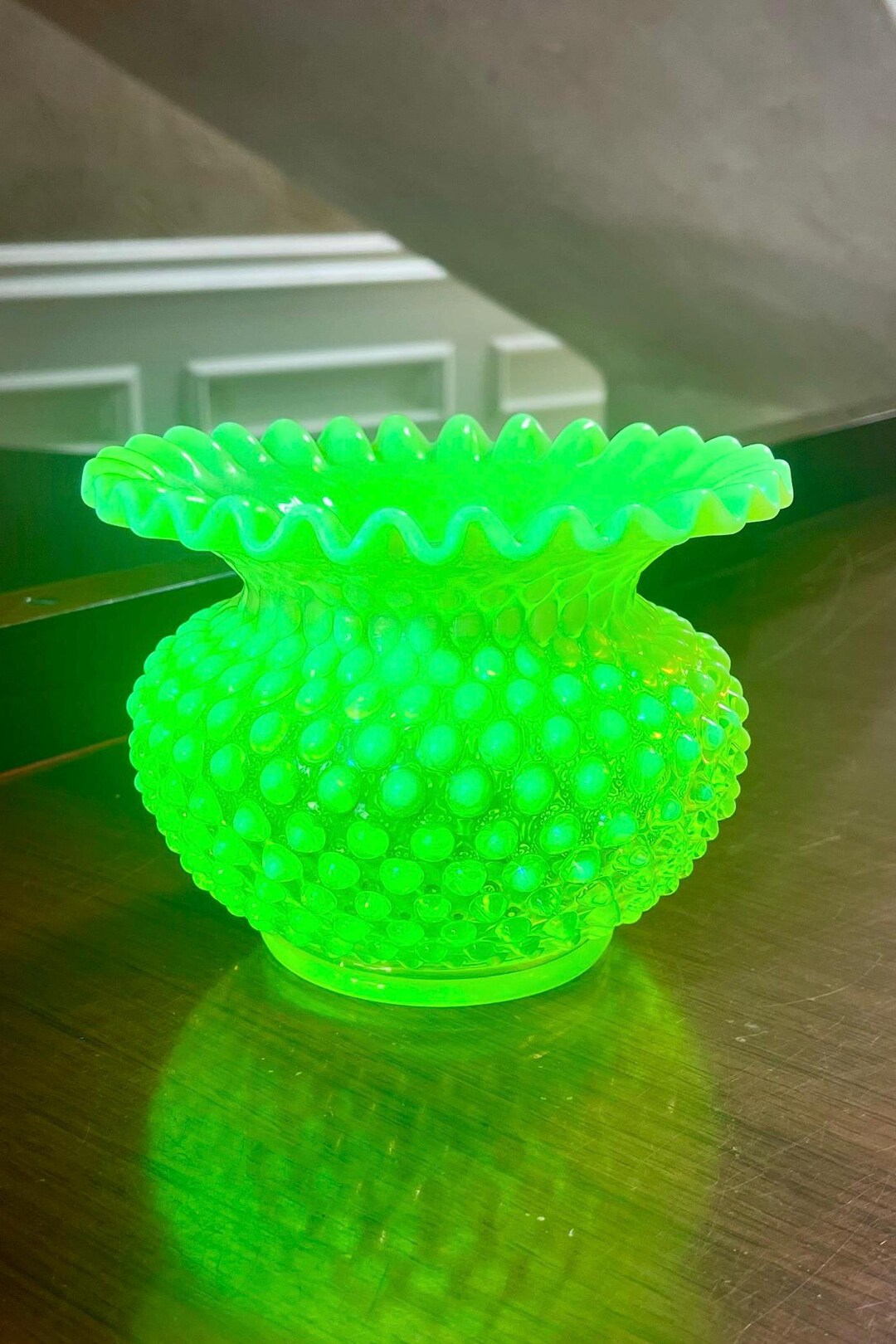 Fenton Uranium Vaseline Glass Rose Bowl; Fenton Uranium Glass Hobnail ...