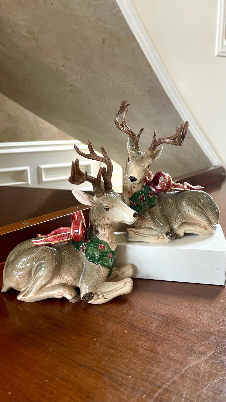 Fitz & Floyd “holiday Leaves” Reindeer PAIR Candleholders Centerpiece ...