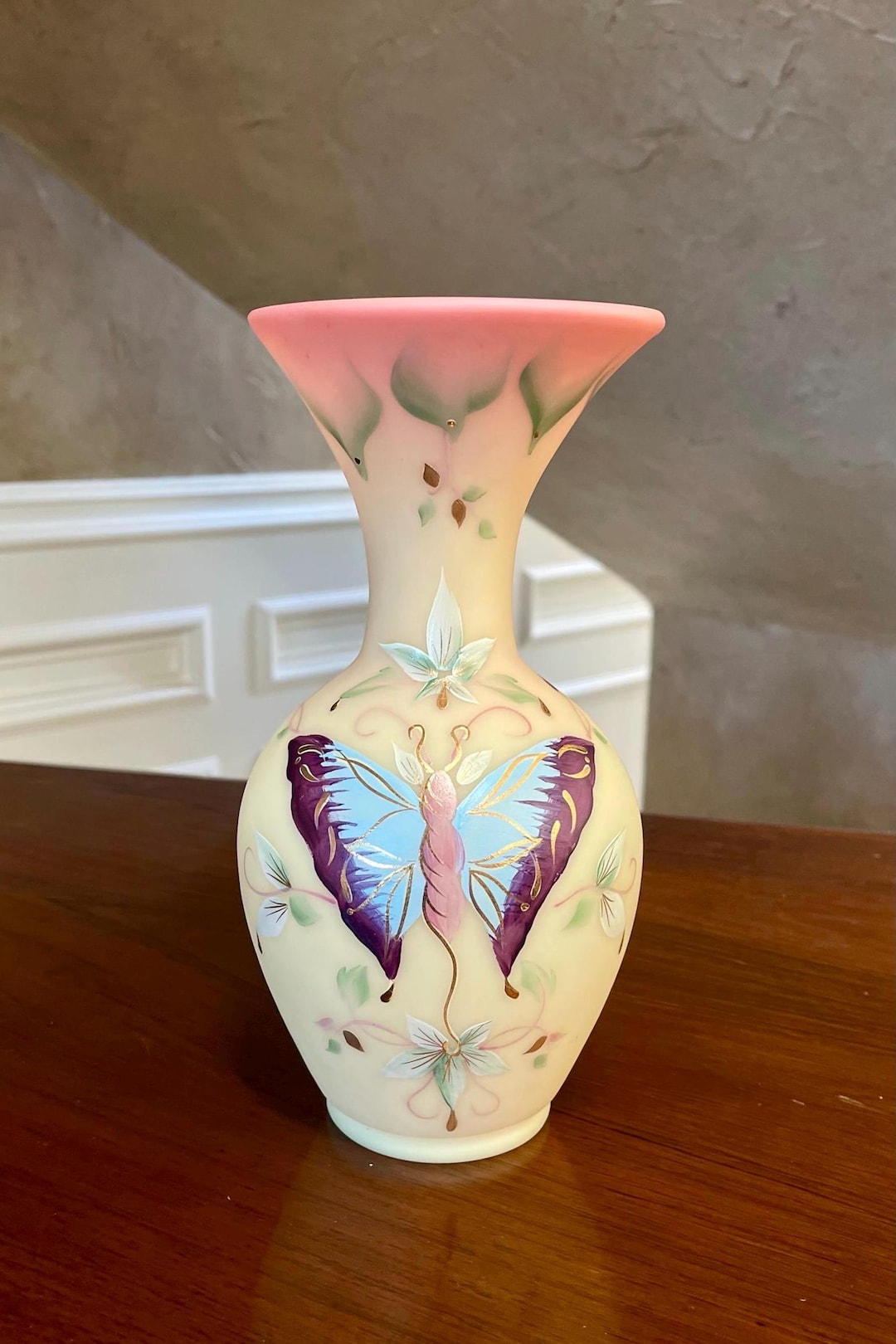 Fenton Uranium Burmese Glass Butterfly Vase Limited Edition; Fenton Art ...