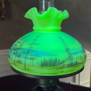 Rare Fenton Satin Uranium Glass Handpainted Oil Derrick Lamp Fenton Art ...