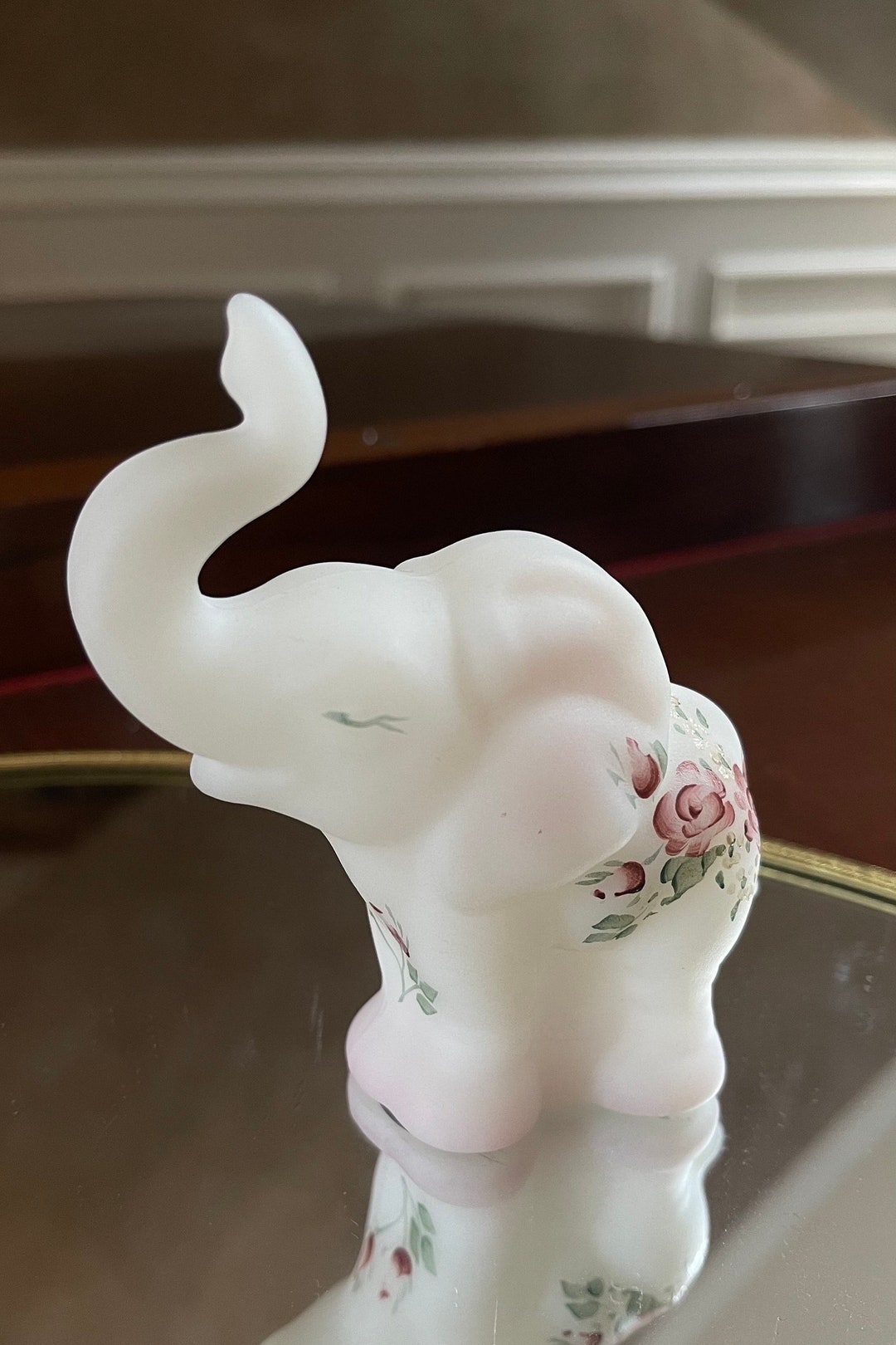 Fenton Satin Glass Hand Painted Elephant; Fenton Glass Elephant Trunk ...