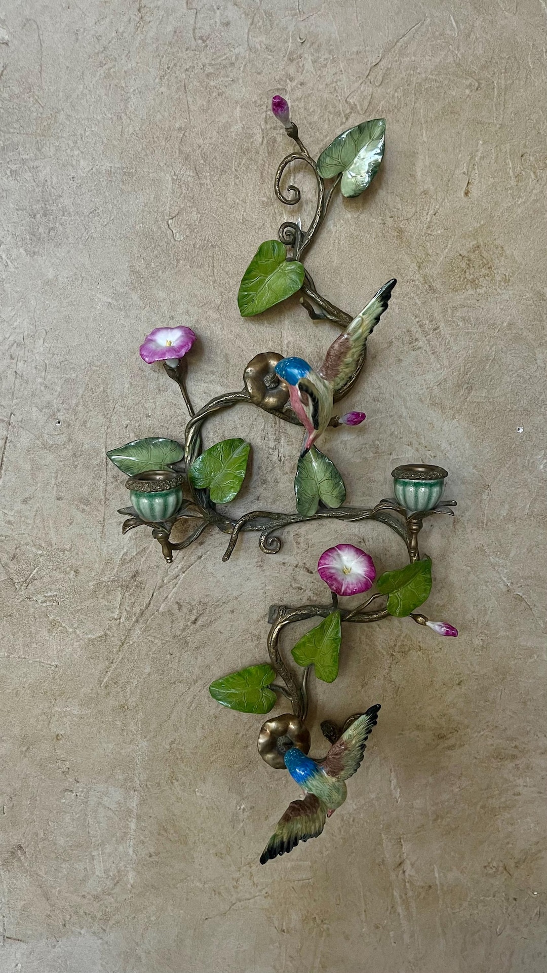 Brass Ormolu and Handpainted Porcelain Hummingbird Wall Sconce ...