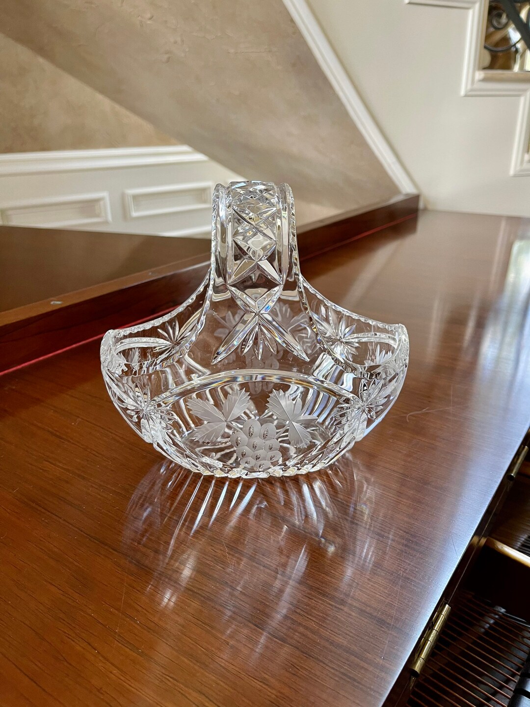 Vintage Hand Cut Lead Crystal Basket; Grape Pattern Cut Crystal Basket ...