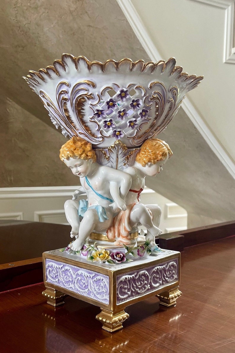 Large Dresden Style Cherubs Hand Painted Porcelain Centerpiece; Marked ...