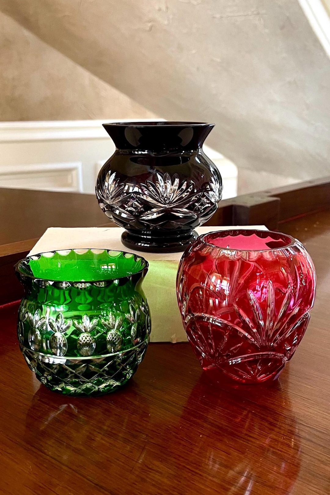 Set of 3 Hand Cut Lead Crystal Votives Color Cut to Clear Crystal ...