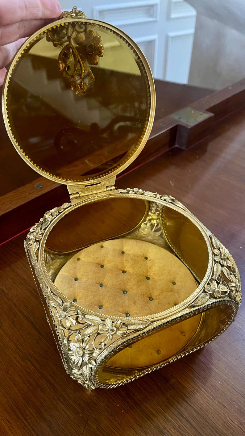 Matson Brass Filigree Dogwood Amber Beveled Glass Jewelry Box; Vintage ...