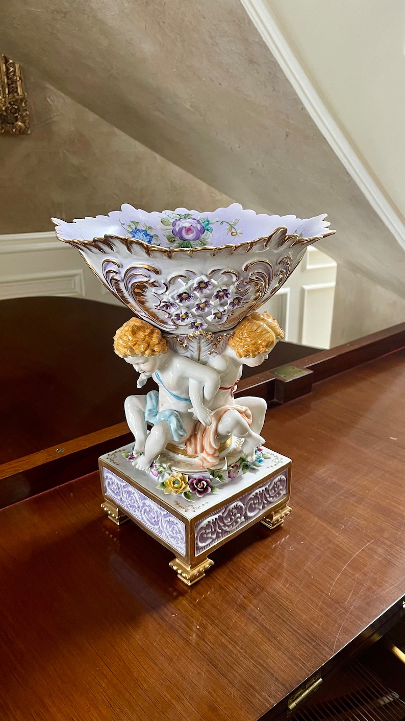 Large Dresden Style Cherubs Hand Painted Porcelain Centerpiece; Marked ...