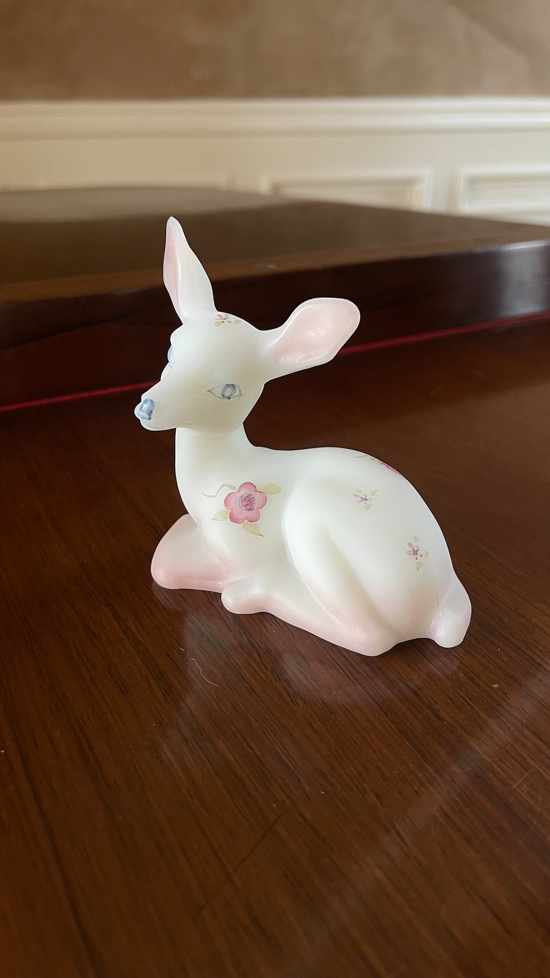 Fenton Satin Glass Hand Painted Berries and Blossoms Fawn Deer ...