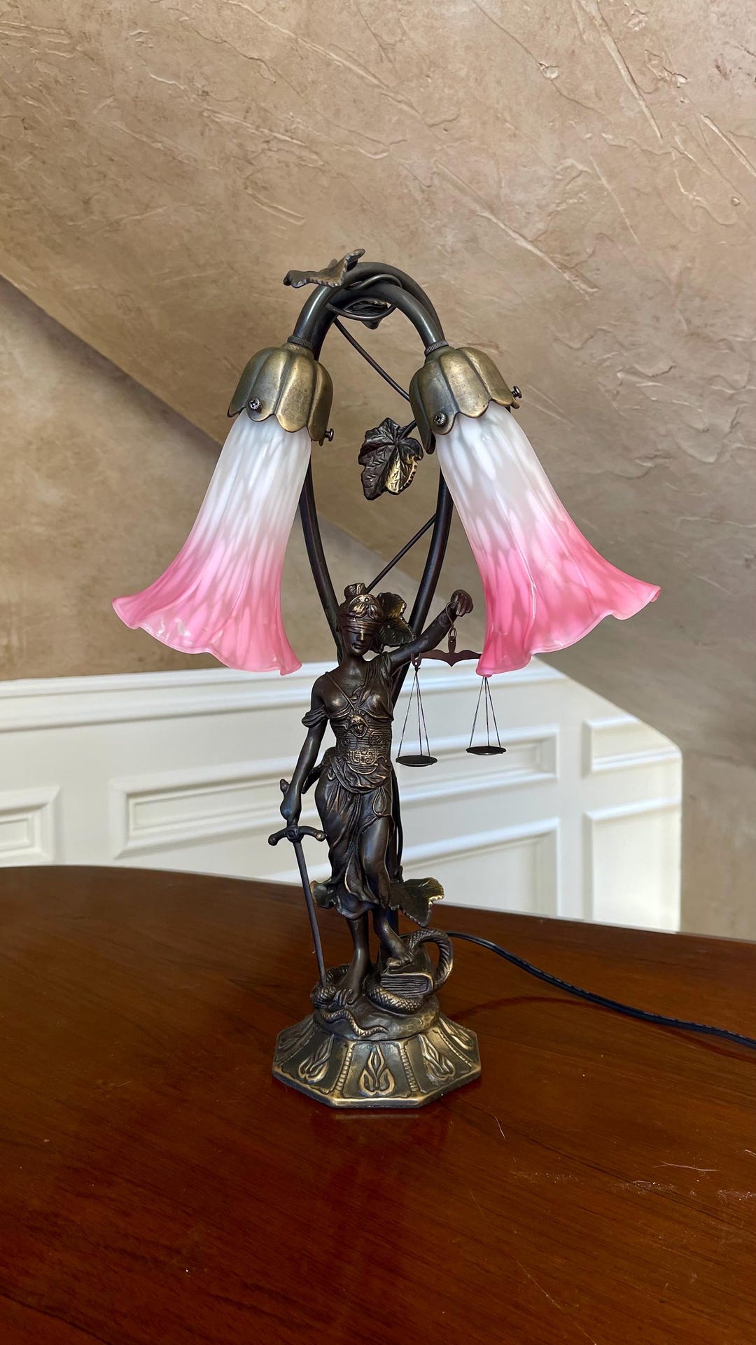 Bronze Sculpture Lady Justice Lamp With Tulip Art Glass Shades - Etsy