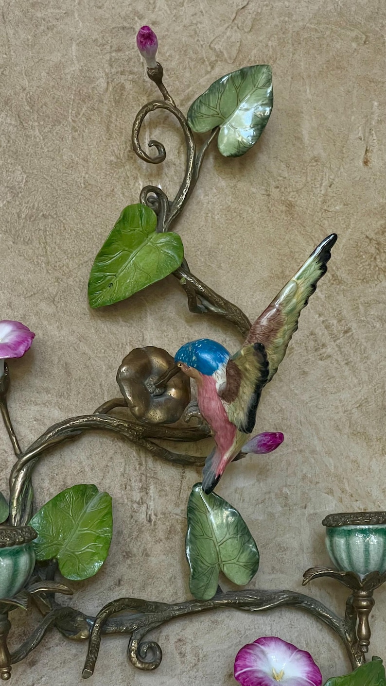 Brass Ormolu and Handpainted Porcelain Hummingbird Wall Sconce ...