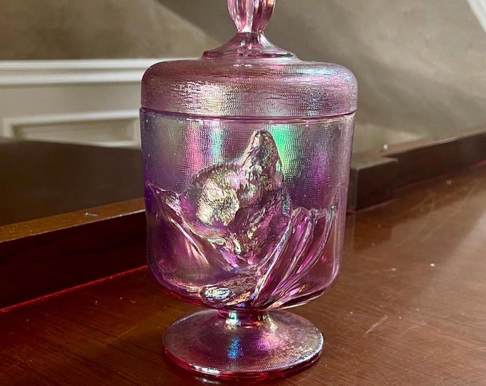 Fenton Pink Iridescent “chessie” Cat Covered Candy Dish 1997 - Etsy