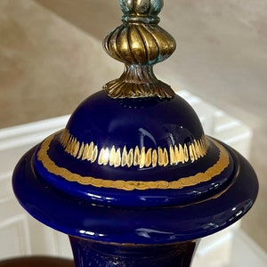 Pair of Cobalt Blue Sevres Style Urns 25” Tall With Brass Rams Head ...