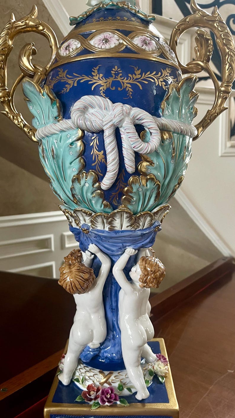Dresden Style 25” Hand Painted Porcelain Centerpiece; Marked Richard ...