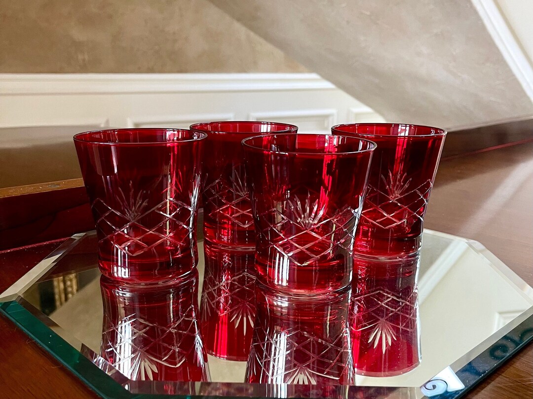 Set of 4 Old Fashioned Ruby Red Colored Cut to Clear Glasses - Etsy